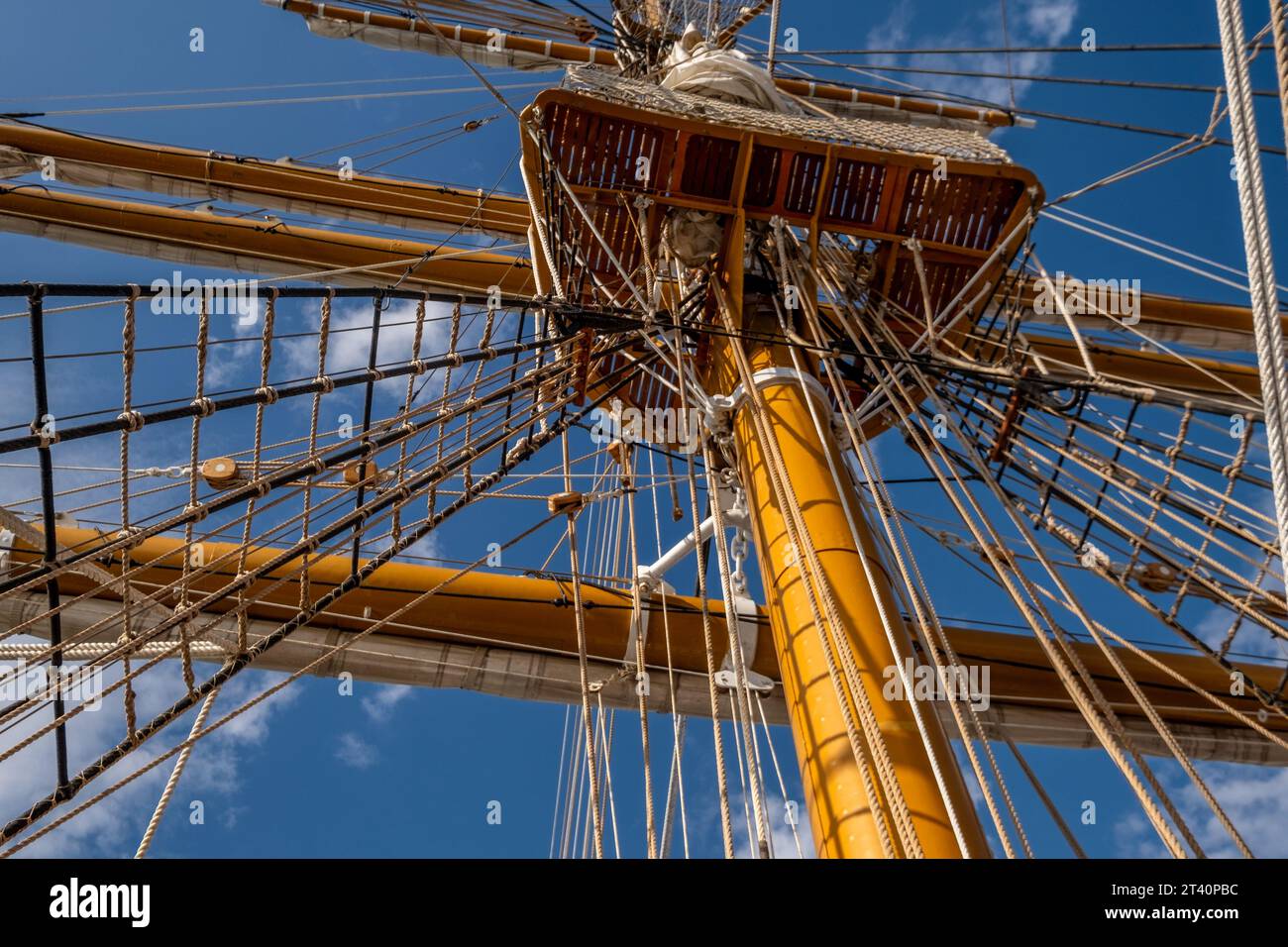 Sailboat wooden ship masts and rigging Stock Photo - Alamy