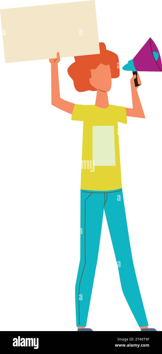 Female activist hold loudspeaker and placard. Protester character ...