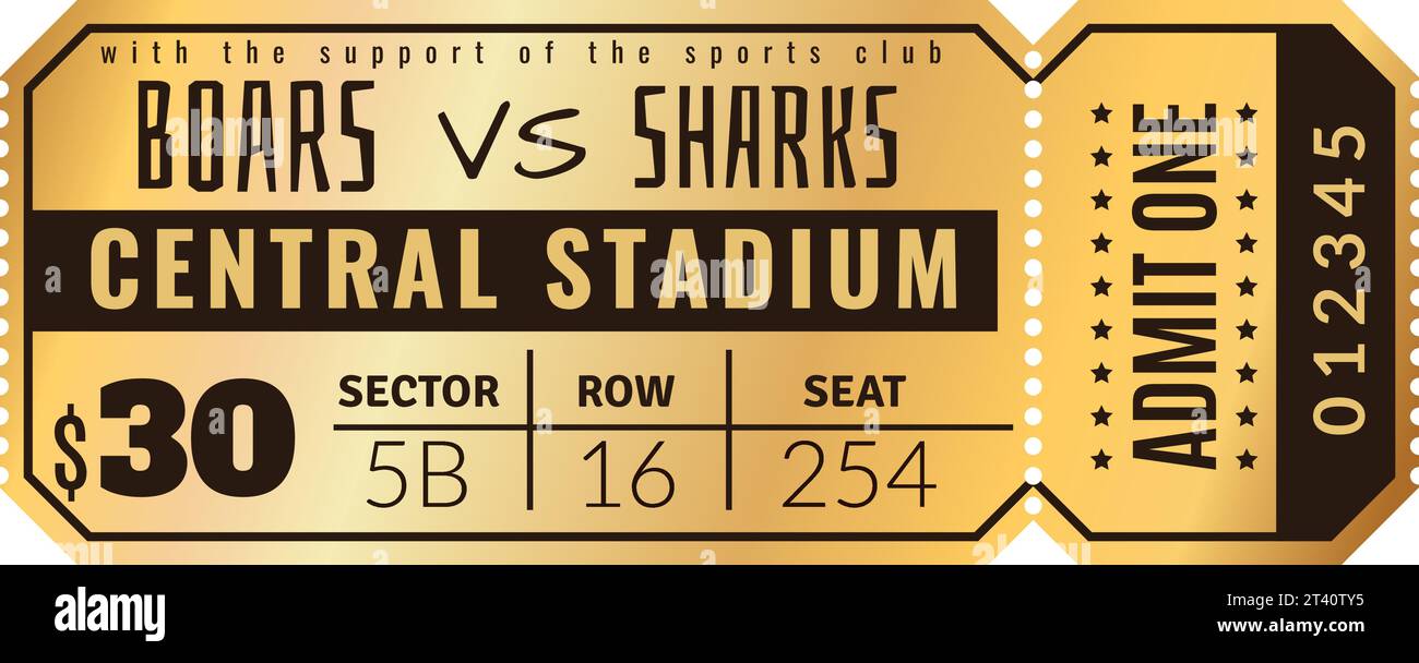 Stadium pass design. Golden vintage ticket tempalte isolated on white ...