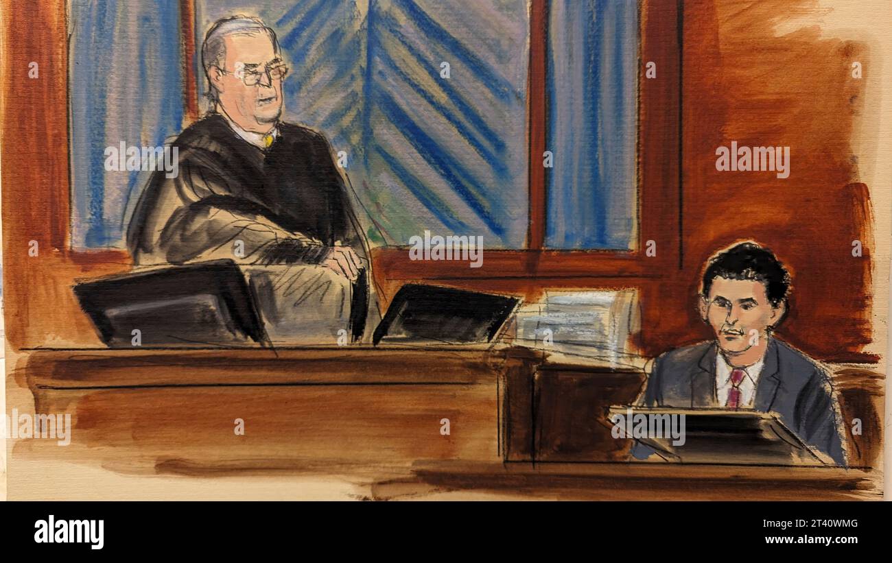 In this courtroom sketch, FTX founder Sam Bankman-Fried testifies while ...