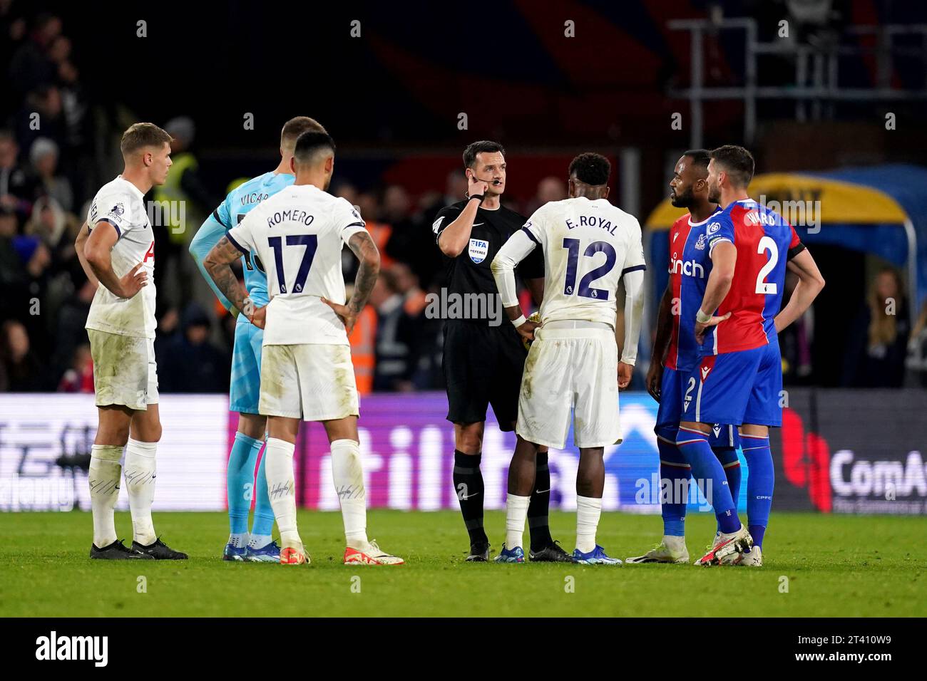 Players interacts with Referee, Andrew Madley, as VAR checks a possible ...