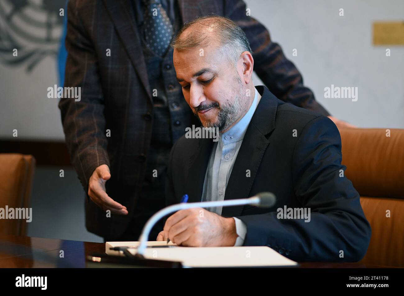 New York, USA. 27th Oct, 2023. Hossein Amir-Abdollahian (c), Minister ...