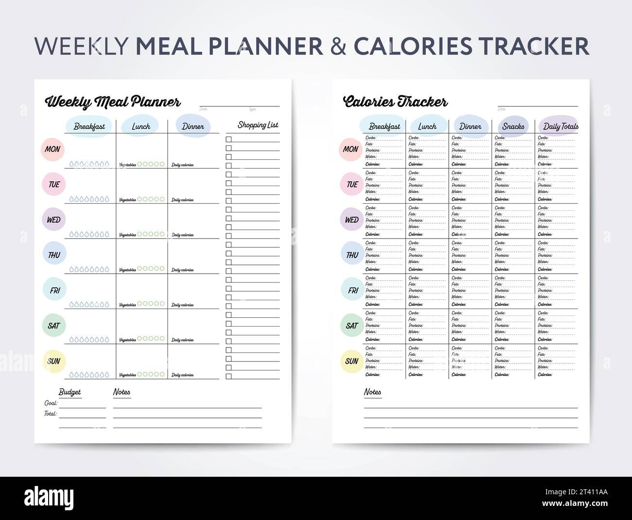 Weekly meal planner and calories tracker, digital planner with shopping ...