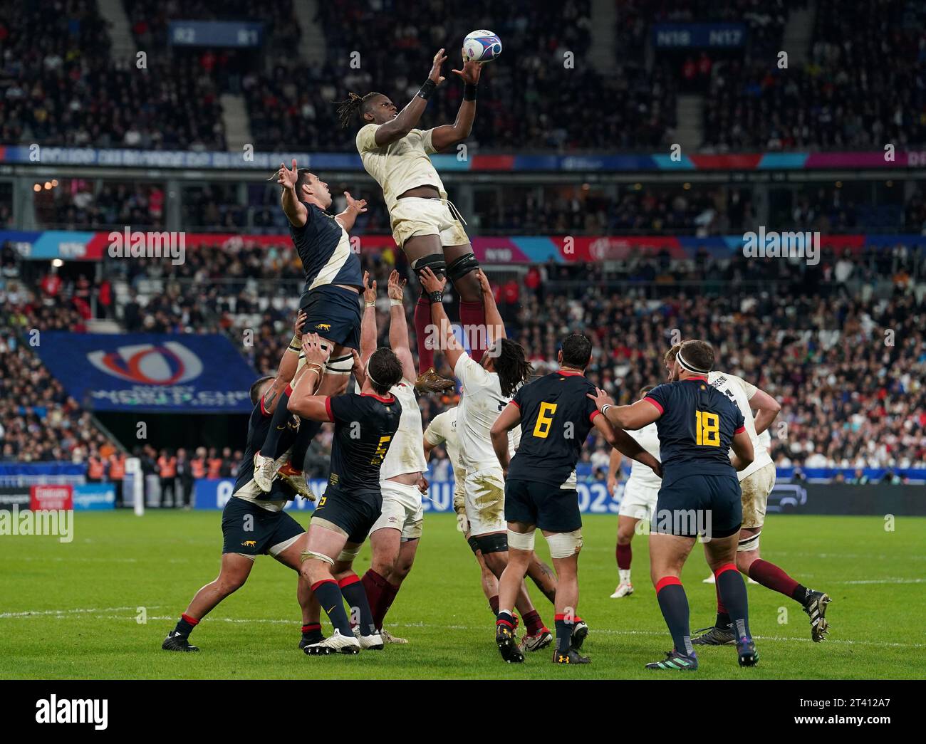 England's Maro Itoje competes in the line out during the Rugby World ...