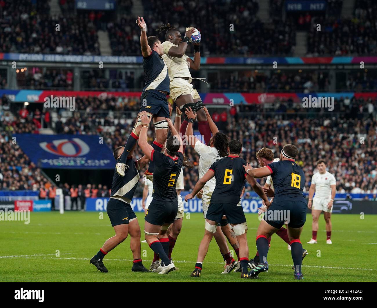 England's Maro Itoje competes in the line out during the Rugby World ...