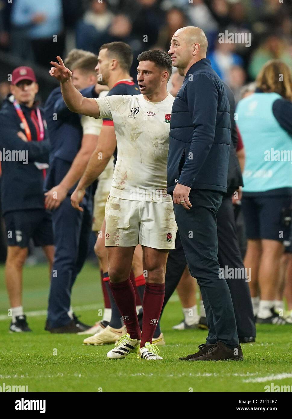 England’s Ben Youngs speaks with manager Steve Borthwick following the Rugby World Cup 2023 ...