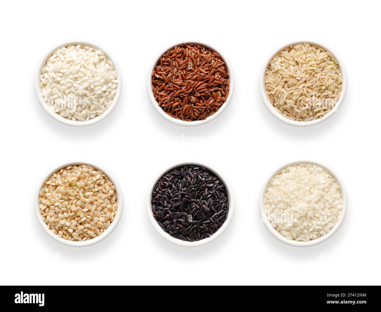 Six types of rice in white bowls on white background. Top view Stock ...