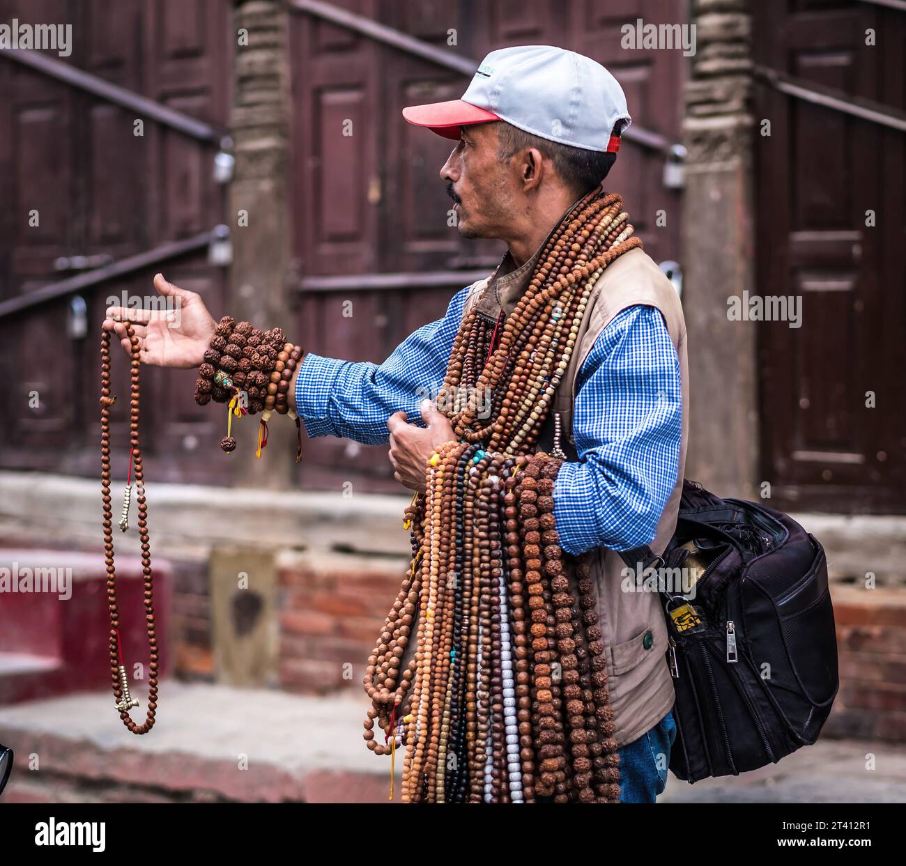 Kathmandu, Nepal - 06 October 2017: Man sells Rudraksha mala prayer ...