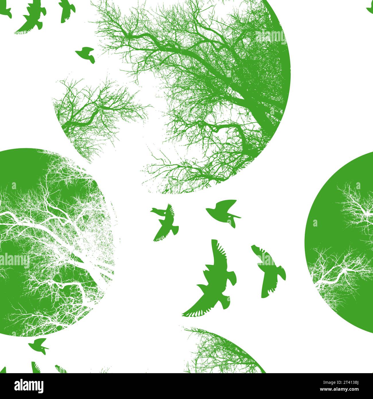 Seamless pattern of trees and birds. Vector illustration. hand drawing ...
