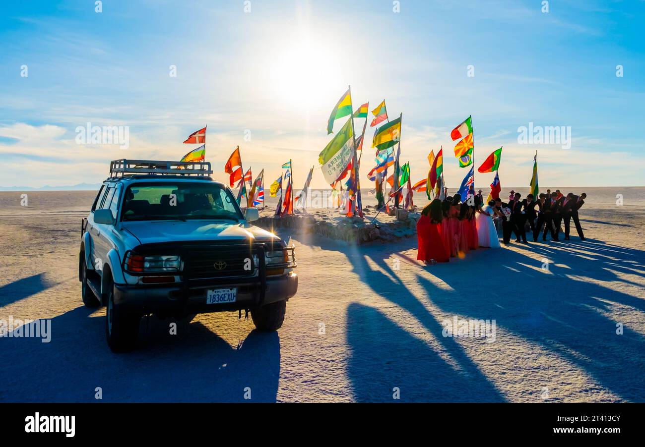 Salar de Uyuni, Bolivia - 21 October 2018: People celebrating near ...