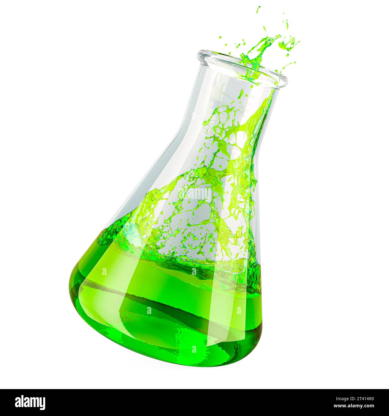 Chemical flask with red liquid and splash, 3D rendering isolated on ...