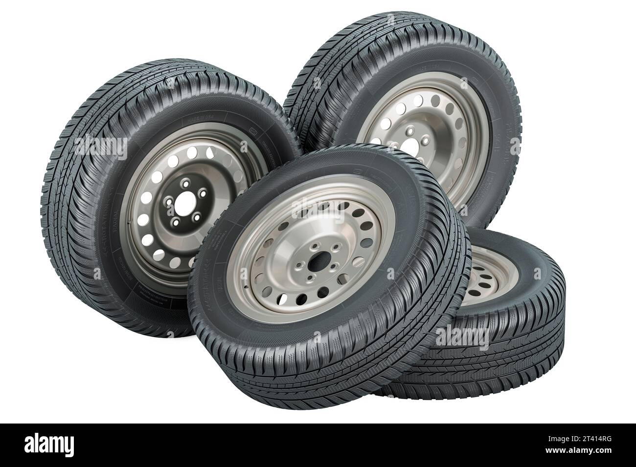 Car steel wheels with tyres. 3D rendering isolated on white background ...