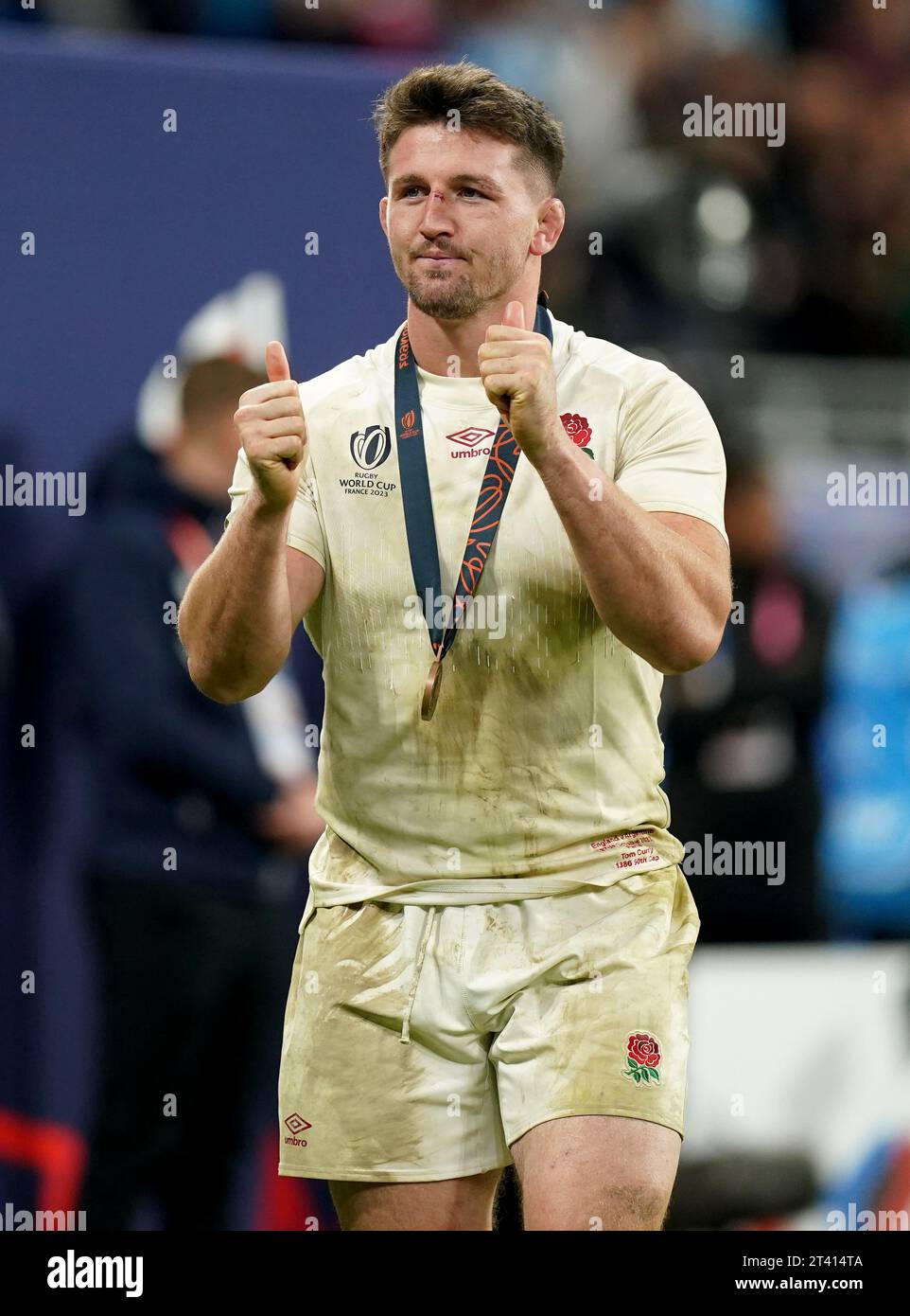 England’s Tom Curry reacts following the medal ceremony after the Rugby ...