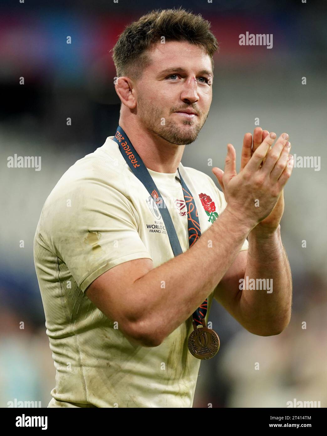 England’s Tom Curry applauds the fans following the medal ceremony ...