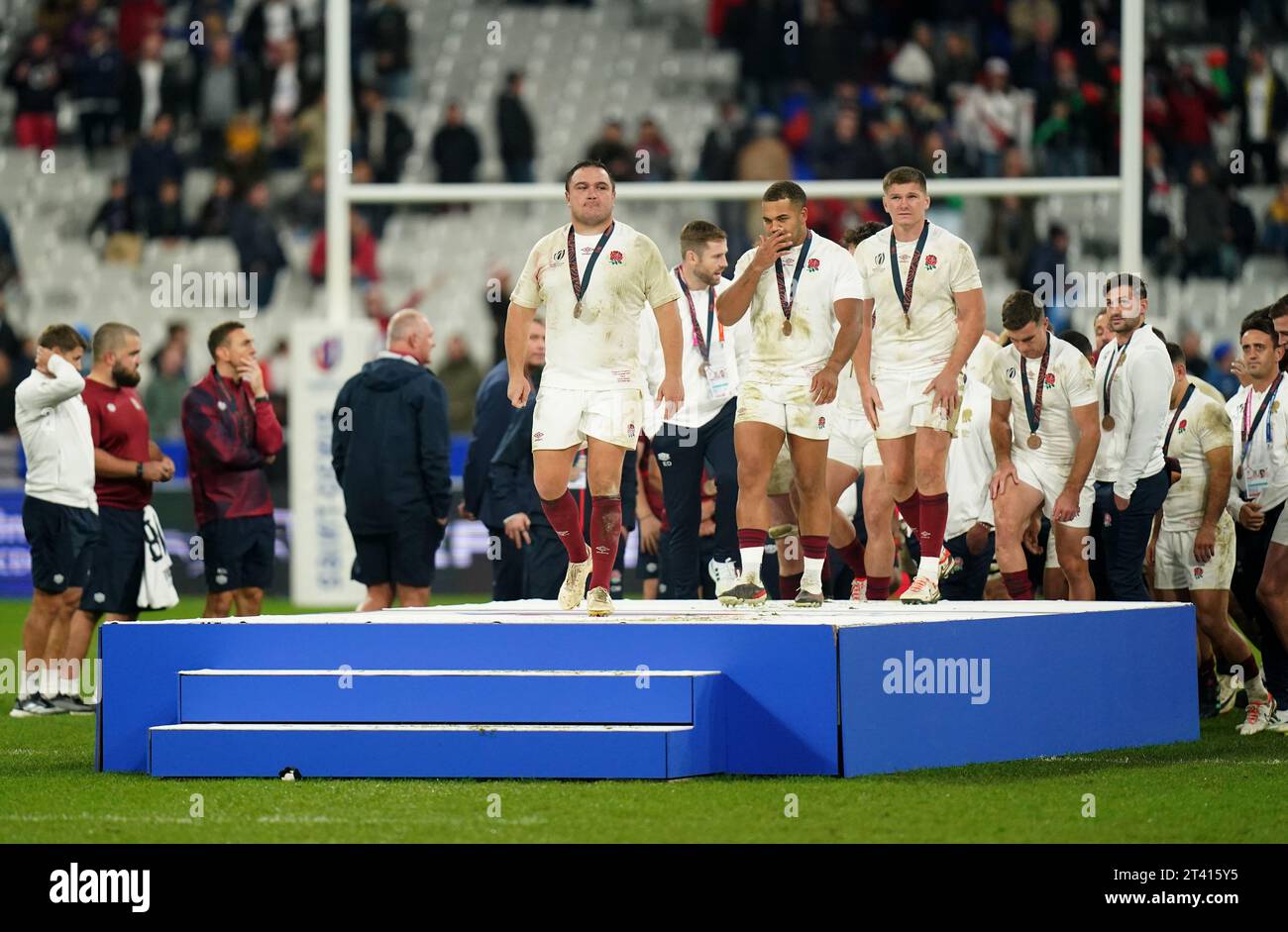 Left to right, England's Jamie George, Ollie Lawrence and Owen Farrell ...