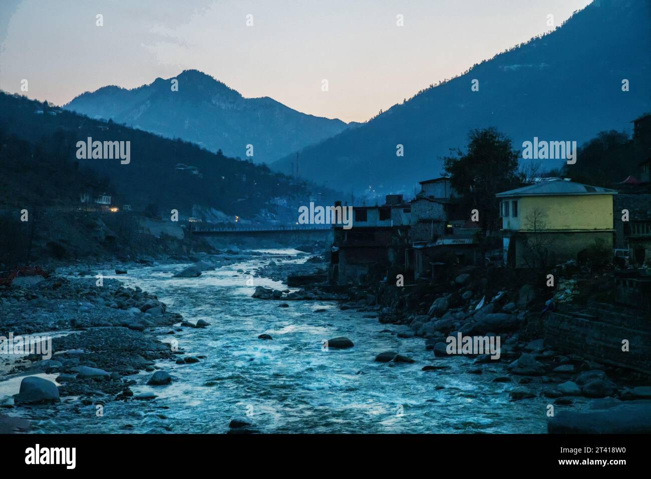 Part of Kullu and river Beas. View down the river to downtown ...