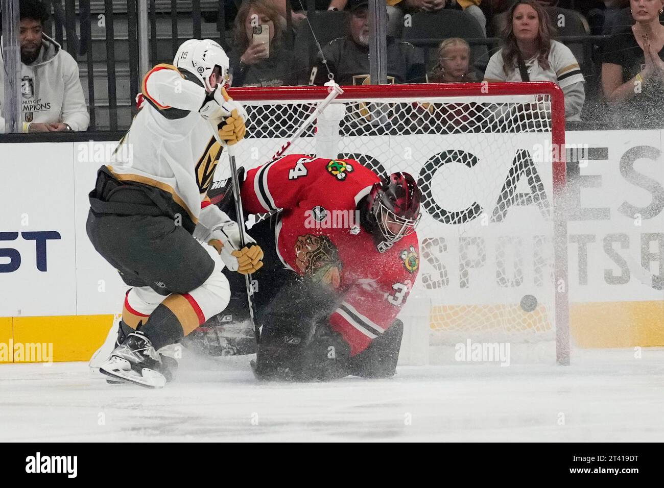 Vegas Golden Knights left wing Pavel Dorofeyev (16) scores on Chicago ...
