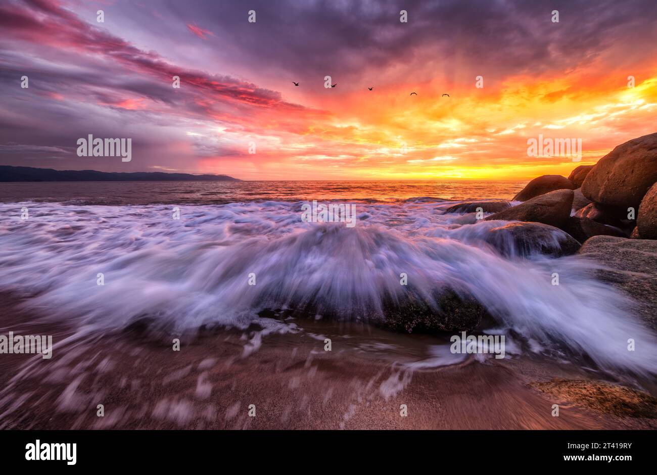 A Colorful Sunset Beach Nature Ocean Landscape With A Wave Coming To ...