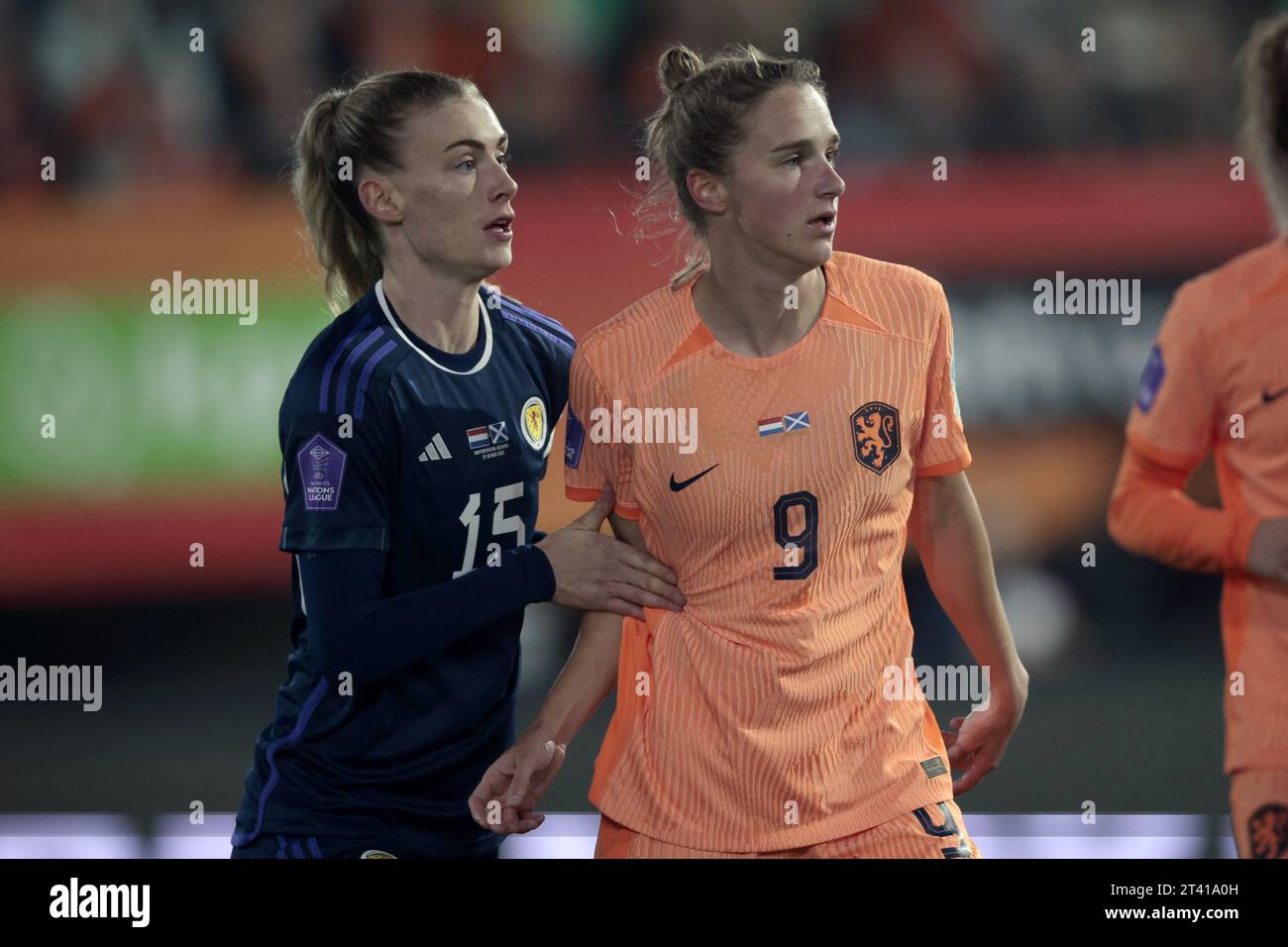 NIJMEGEN - (l-r) Jenna Clark of Scotland, Vivianne Miedema of the ...