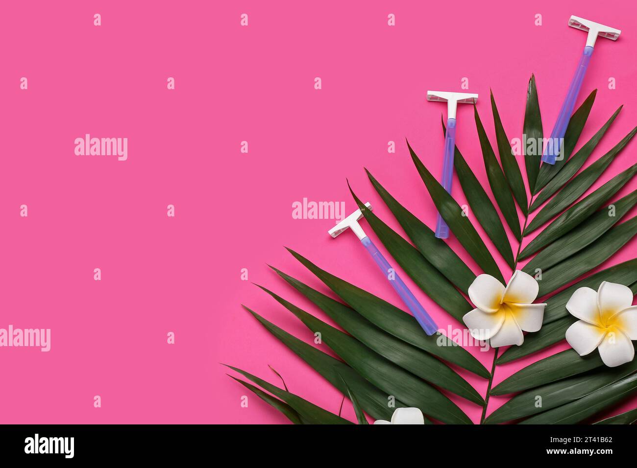 Safety razors, palm leaf and flowers on pink background Stock Photo - Alamy