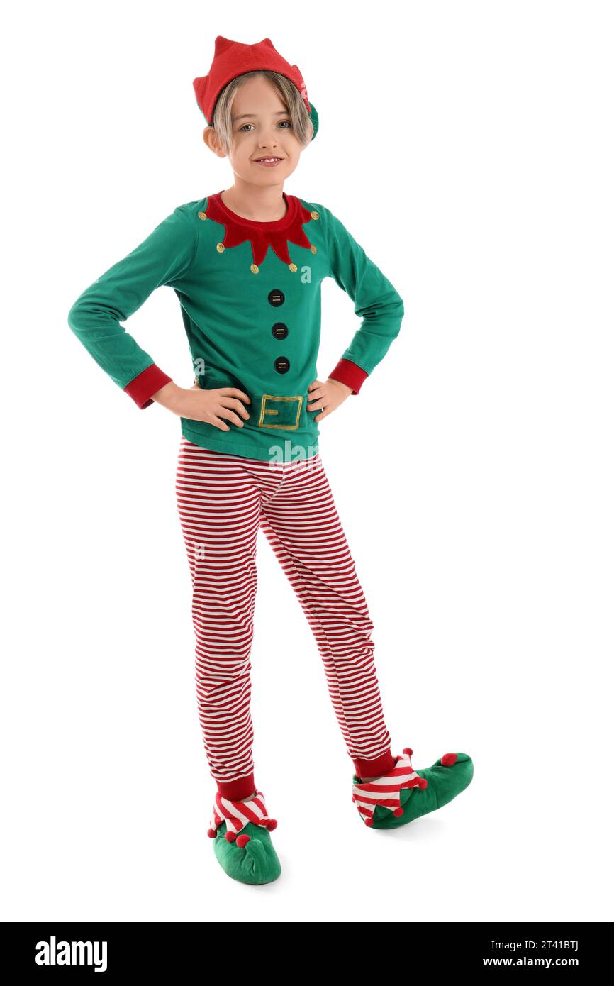 Cute little boy in elf costume isolated on white background Stock Photo ...
