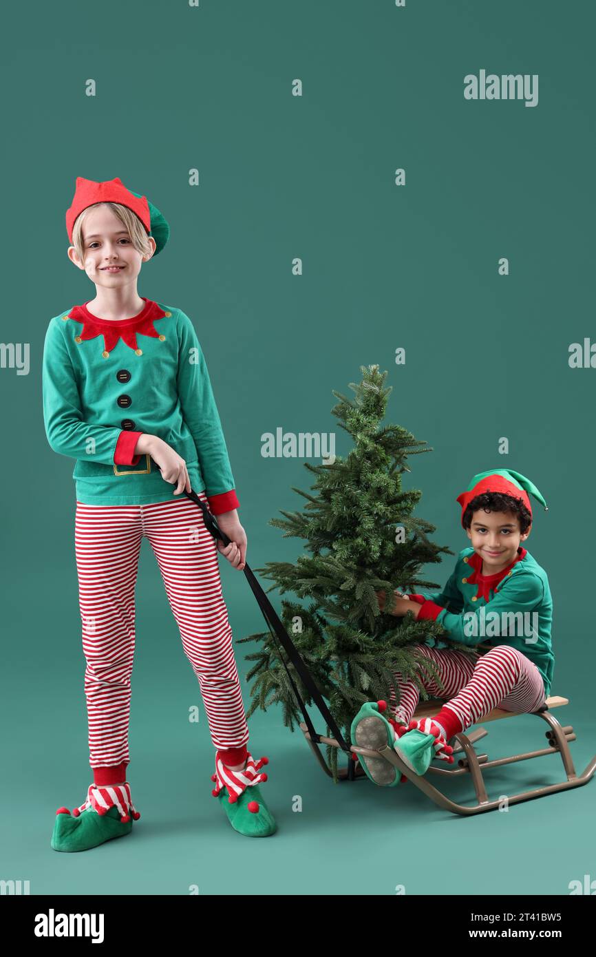Cute little children in elves costumes with Christmas tree and sledge ...