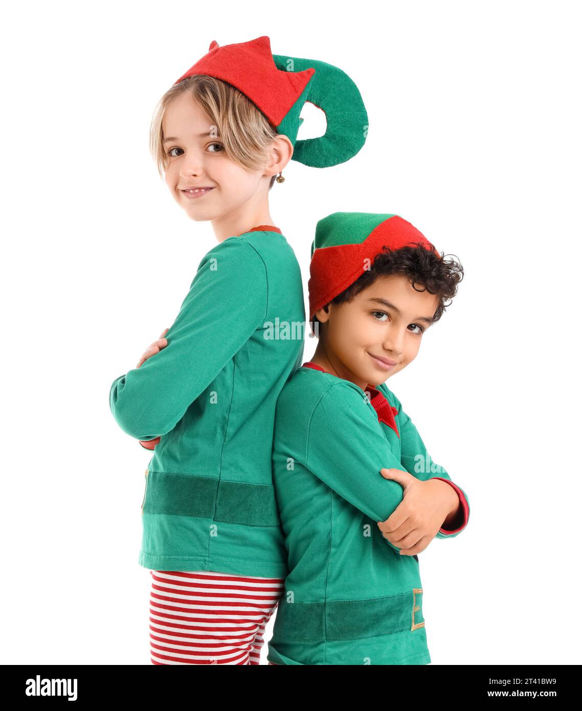 Cute little children in elves costumes isolated on white background ...