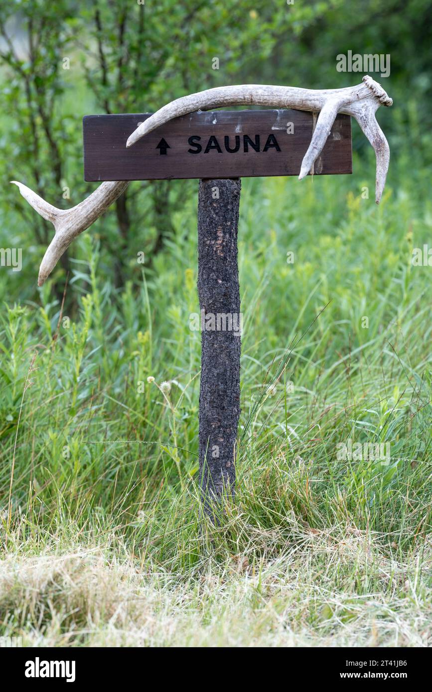 Sauna sign at the Minam River Lodge, Oregon Stock Photo - Alamy