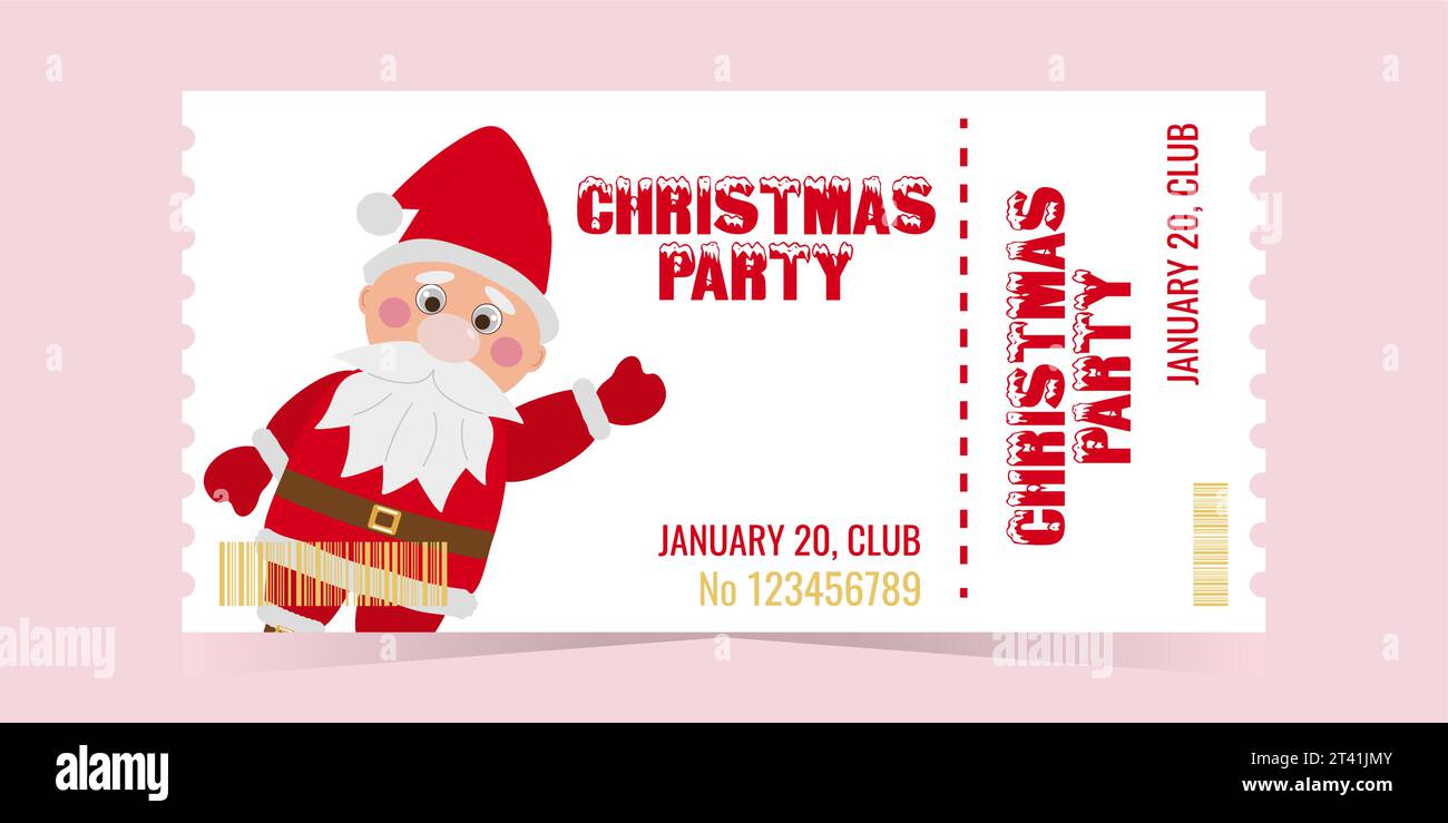 Christmas Party Ticket layout template card design. Santa Claus waves ...