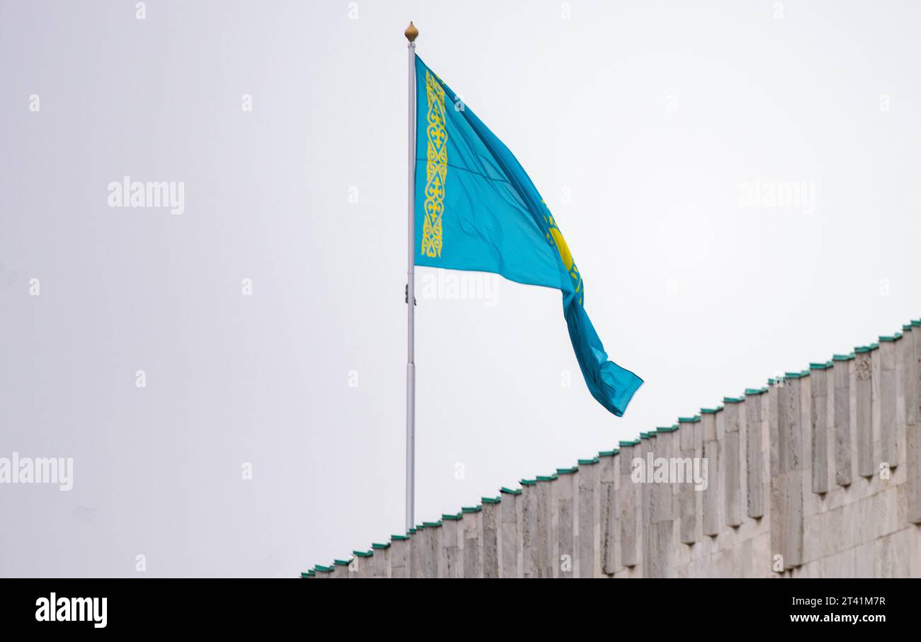 The blue flag of Kazakhstan on the roof of the country's embassy in ...