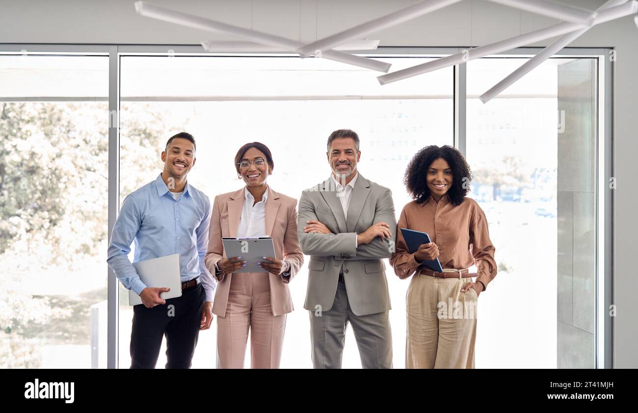 Happy diverse professional employee leaders group in office, corporate ...