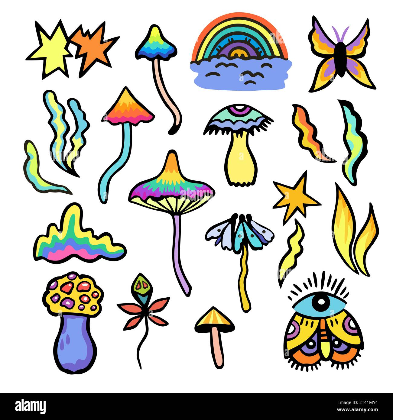 Groovy hippie psychedelic clip art and design elements. Colorful vector ...