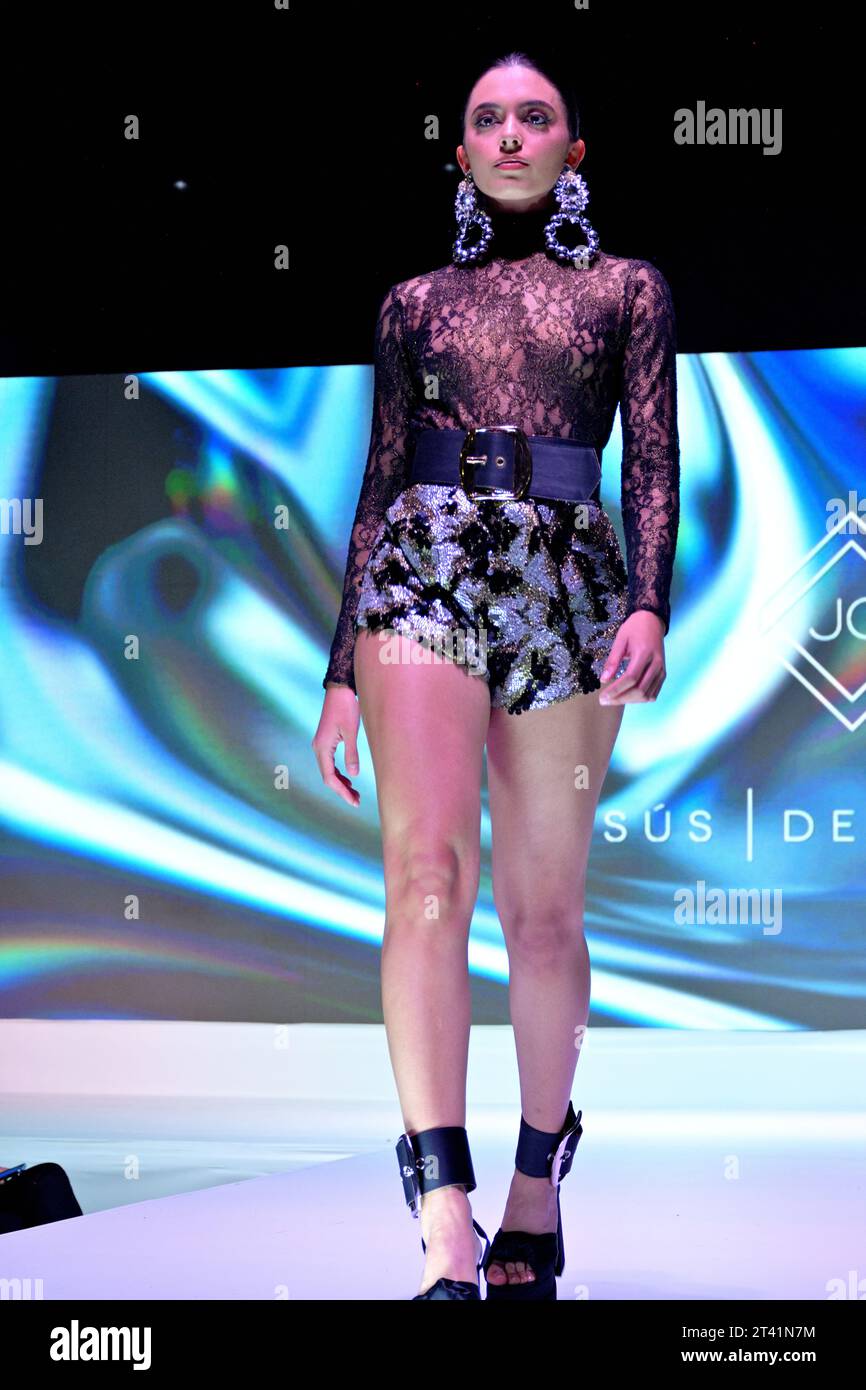 LEON, MEXICO. OCT. 26. A model walks the runway during the Jesus de la Garsa show as part of ...