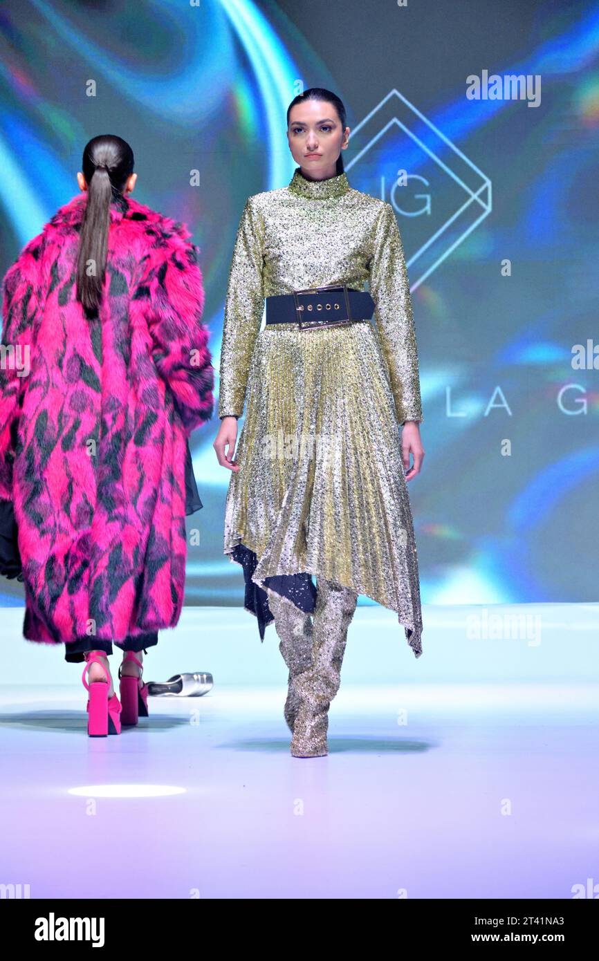 LEON, MEXICO. OCT. 26. A model walks the runway during the Jesus de la Garsa show as part of ...