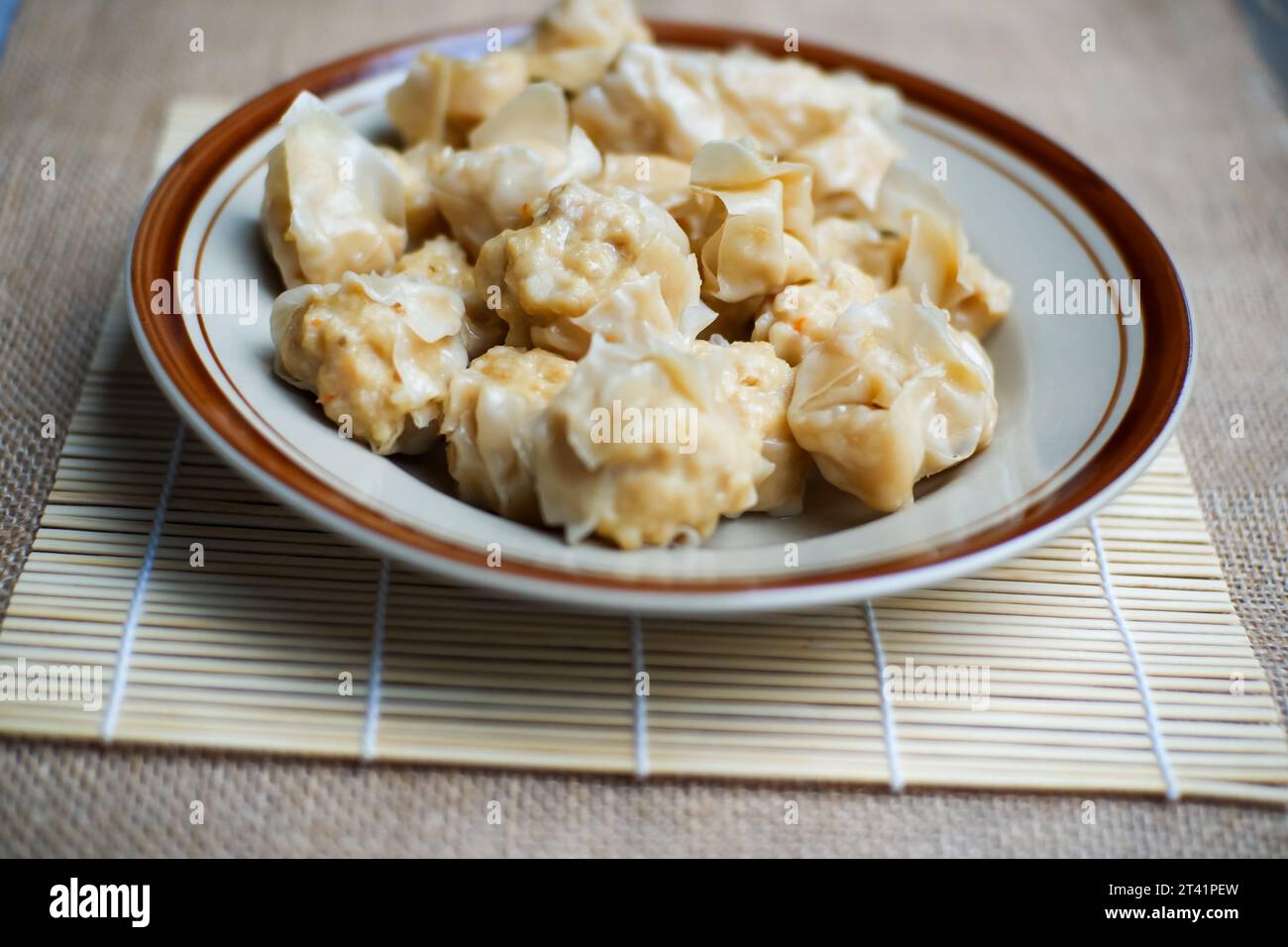 Homemade dim sum and dumplings are prepared on plates ready to be ...