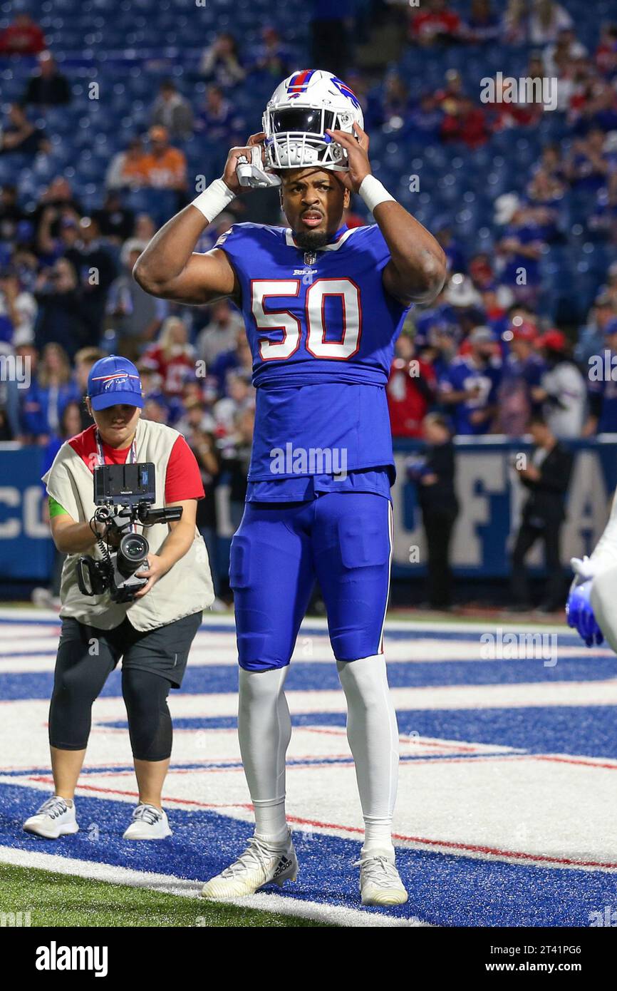 Buffalo Bills defensive end Greg Rousseau (50) warms up before an NFL ...