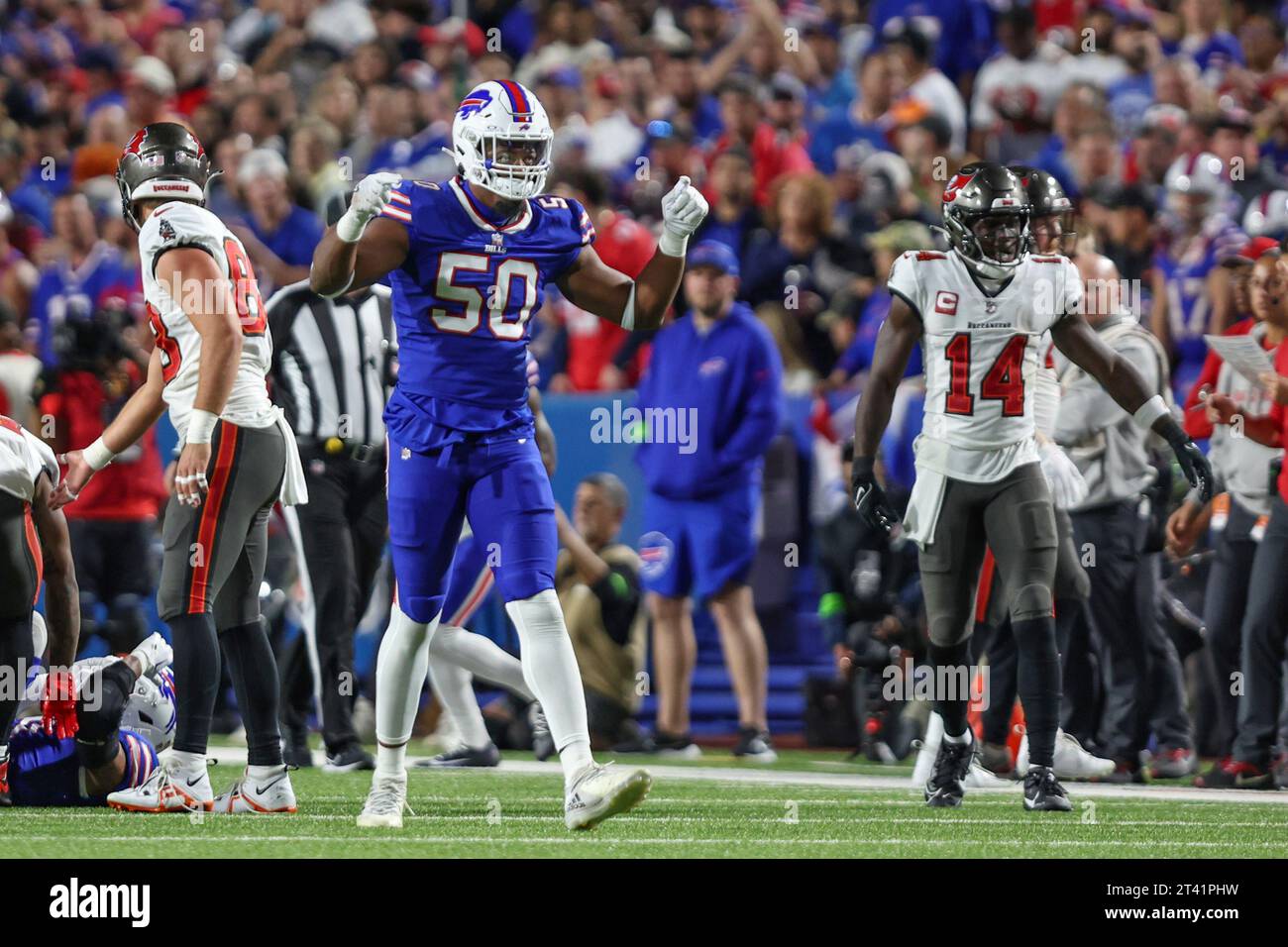 Buffalo Bills defensive end Greg Rousseau (50) celebrates a play during ...