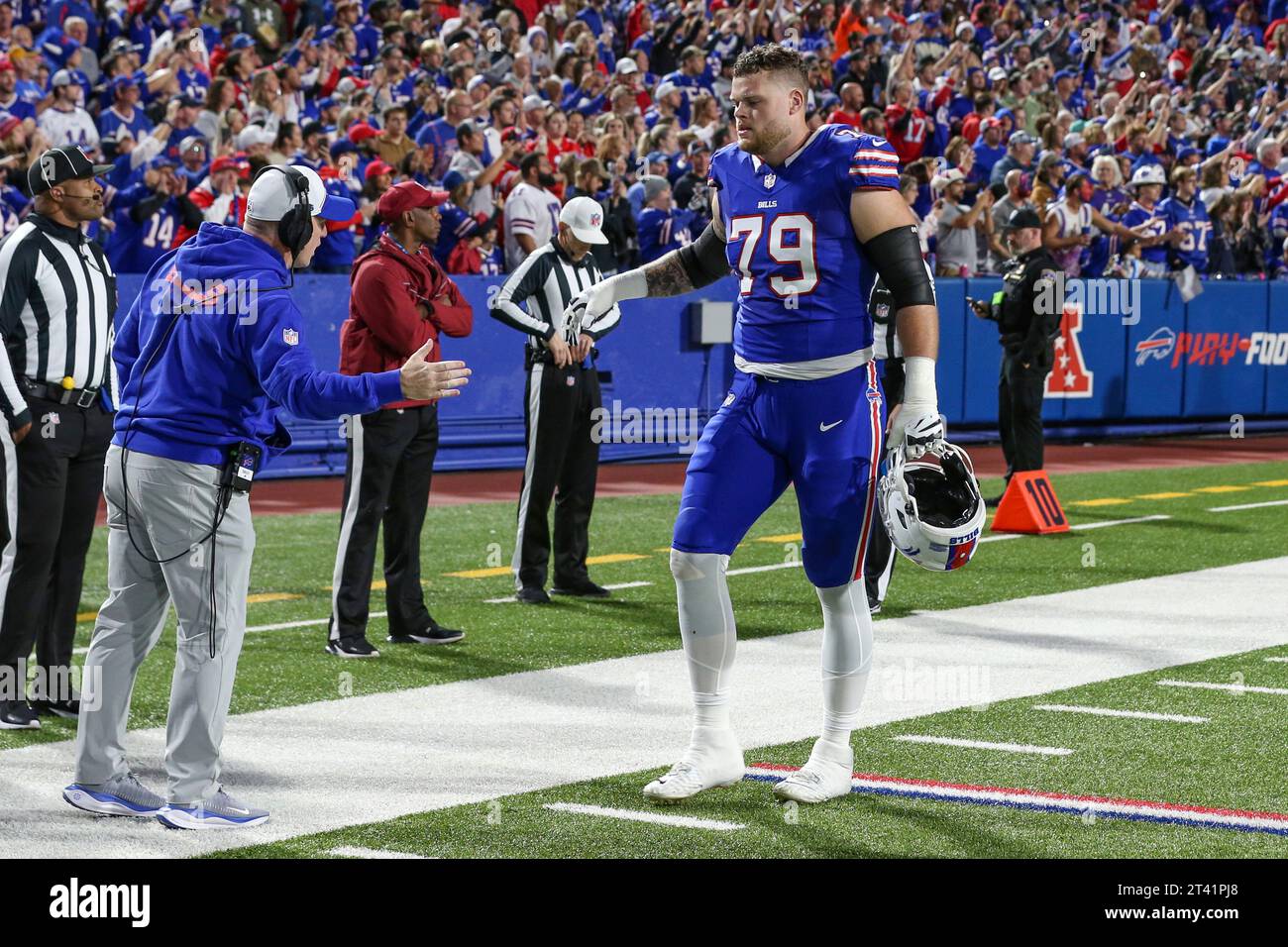 Buffalo Bills offensive tackle Spencer Brown (79) walks to the bench ...