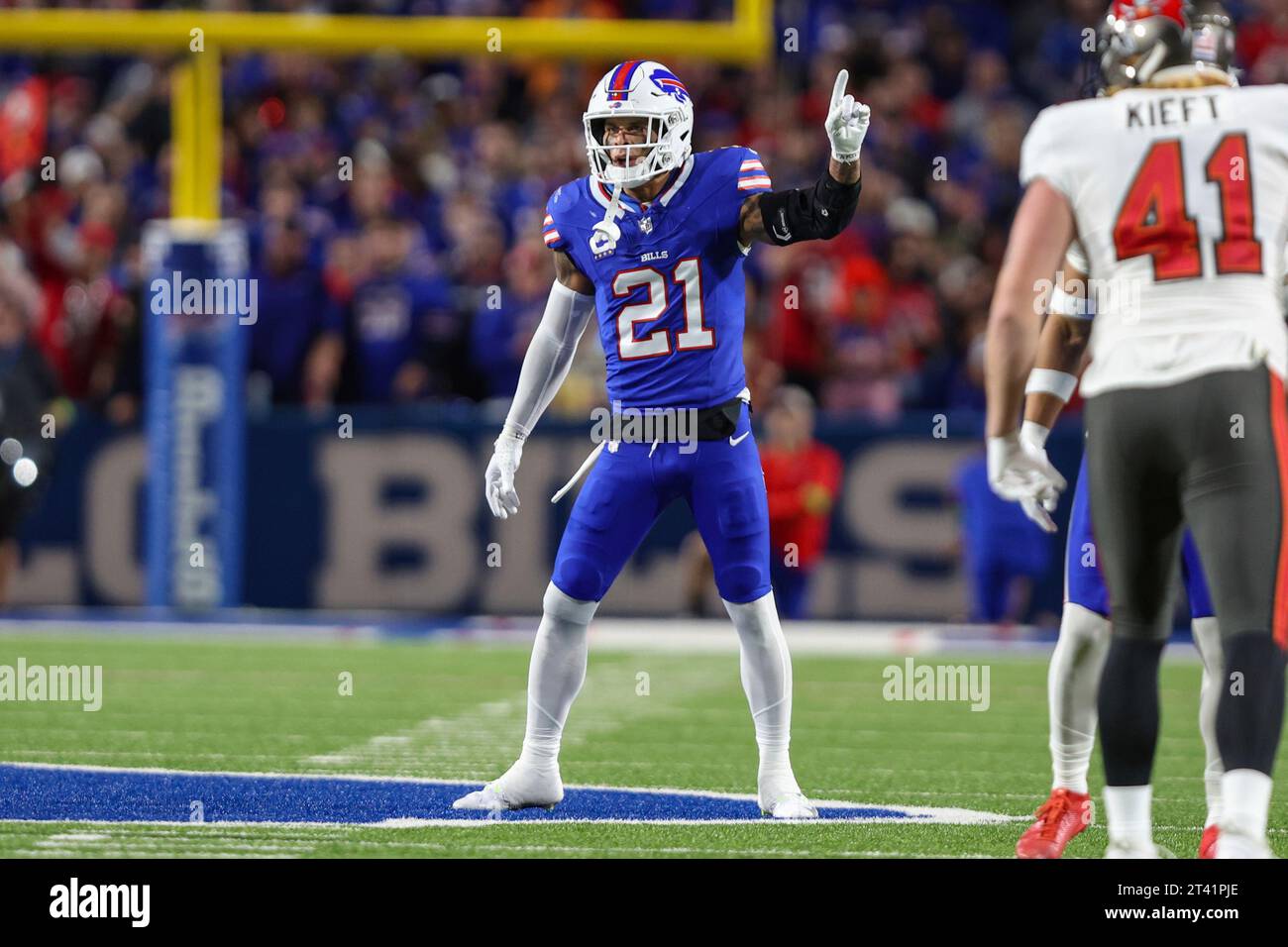 Buffalo Bills safety Jordan Poyer (21) signals during an NFL football ...