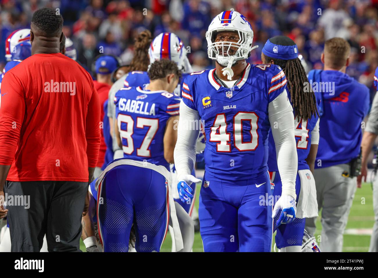 Buffalo Bills linebacker Von Miller (40) looks at a video screen from ...