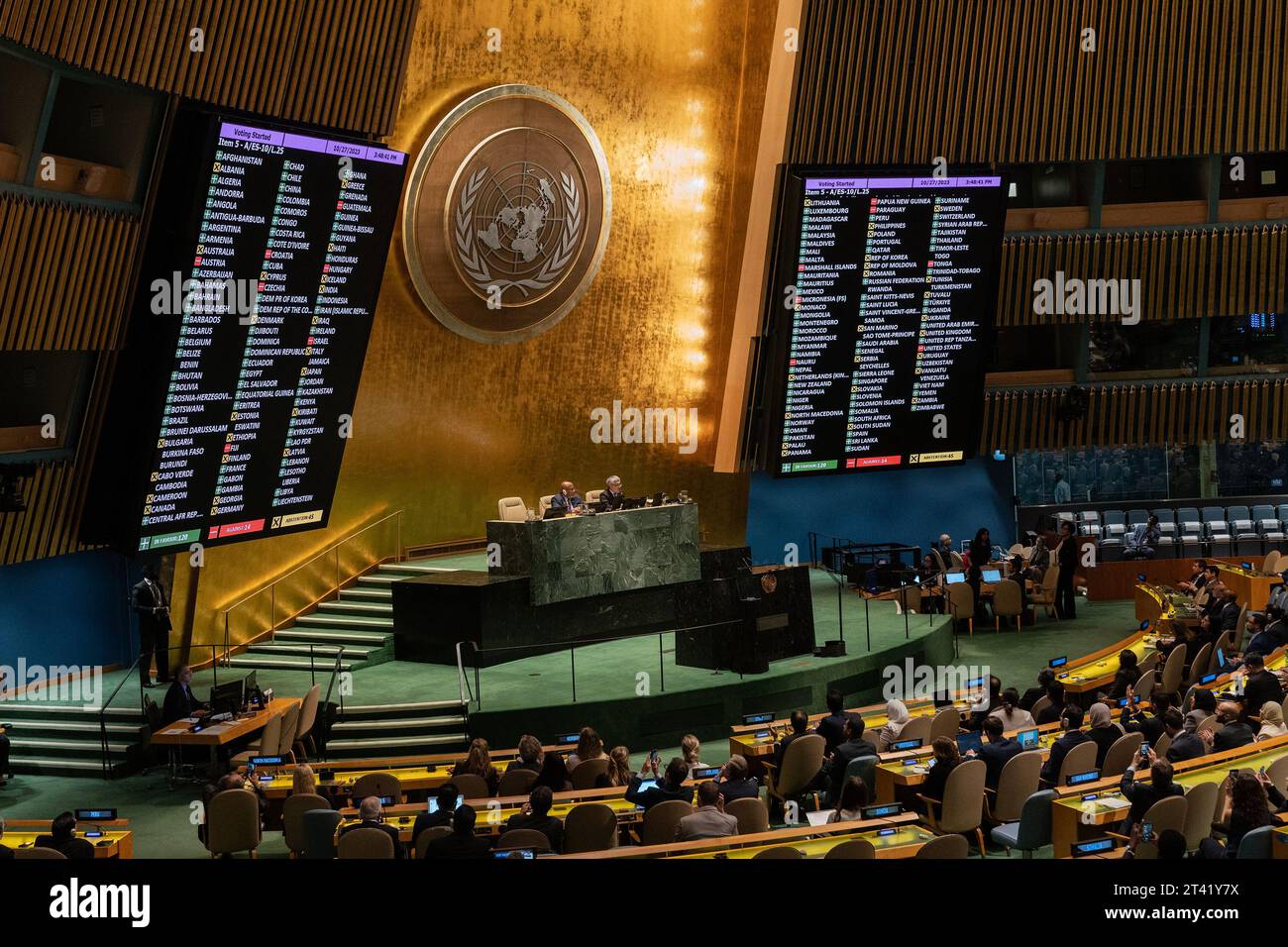 New York, USA. 27th Oct, 2023. Results of voting by General Assembly on ...