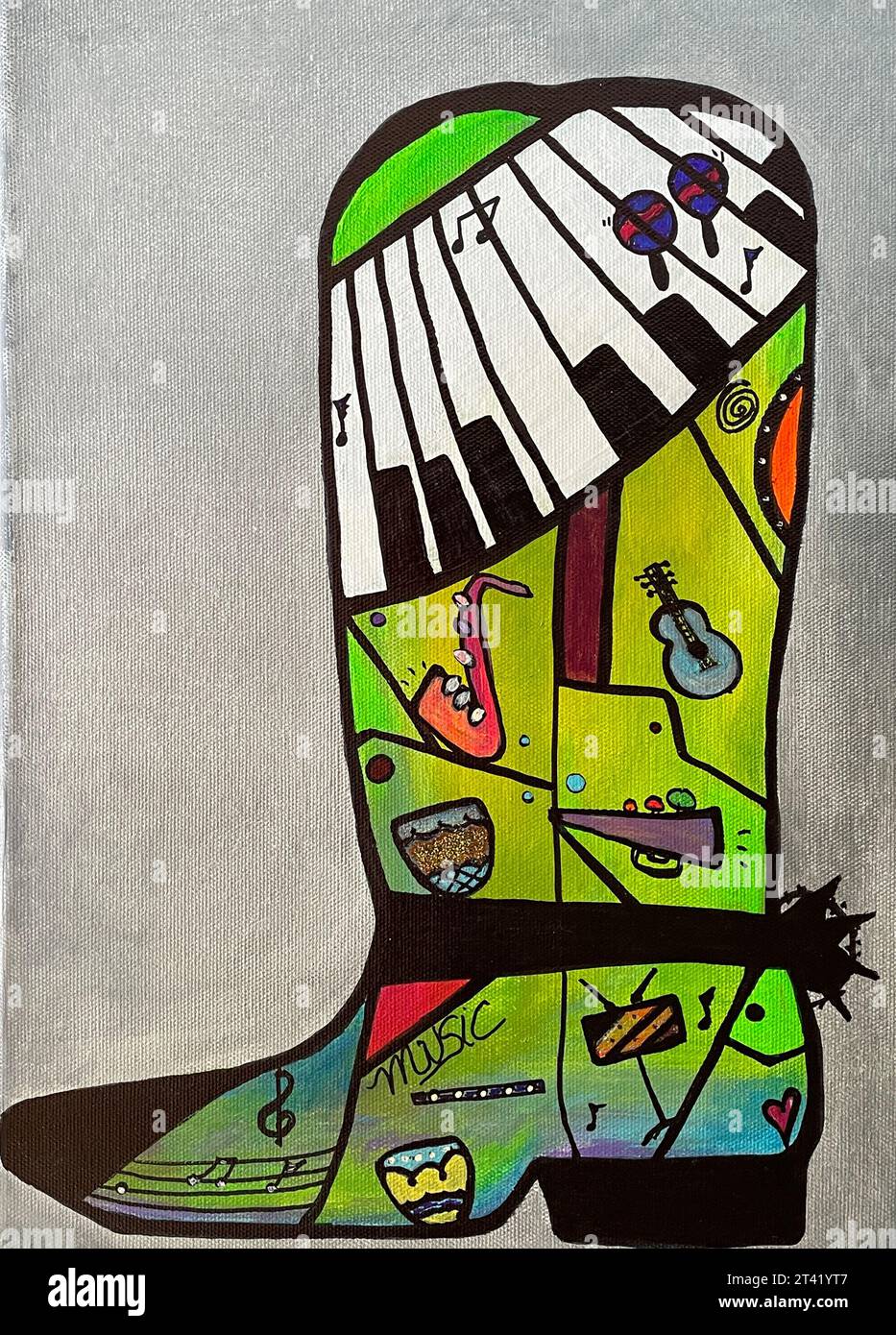 An abstract painting of boots featuring musical notes and lyrics in a ...