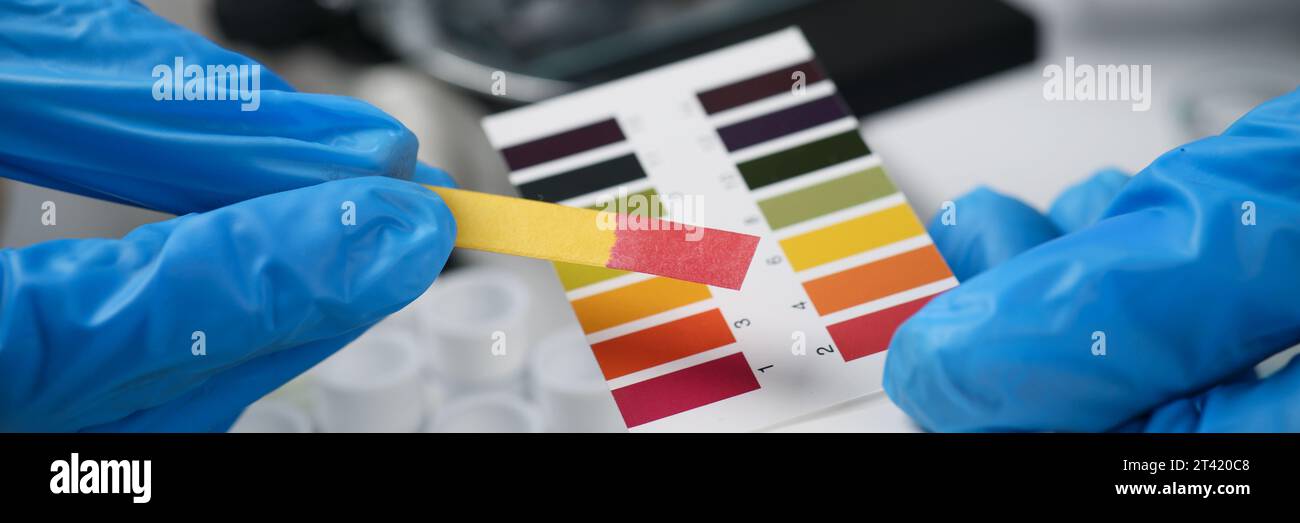 Scientist compares indicator paper to color samples palette Stock Photo ...