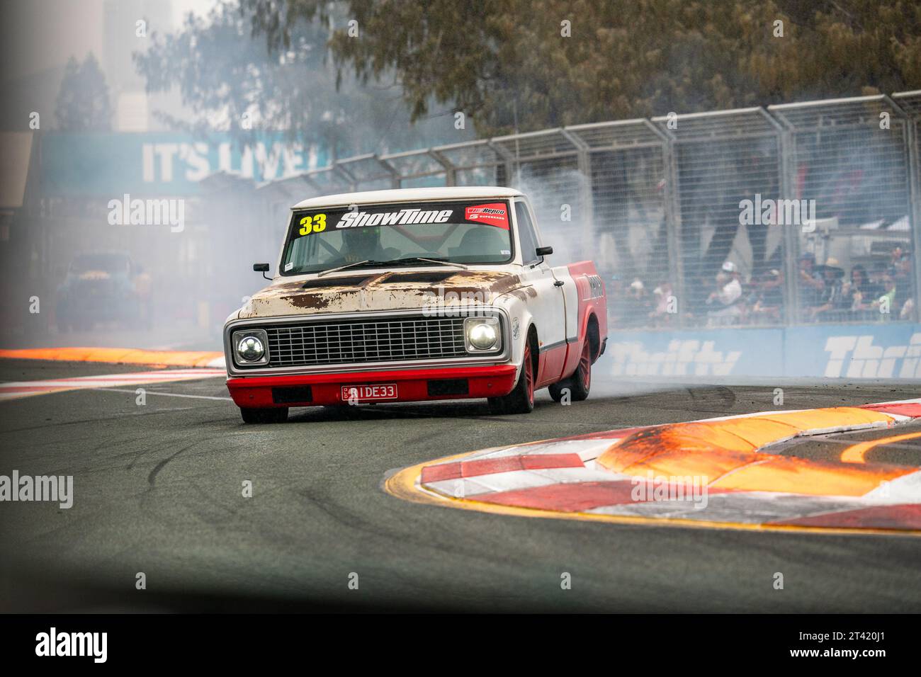 Gold Coast, Australia. 27 October, 2023. The Repco Showtime C10 ute doing a burnout down the ...