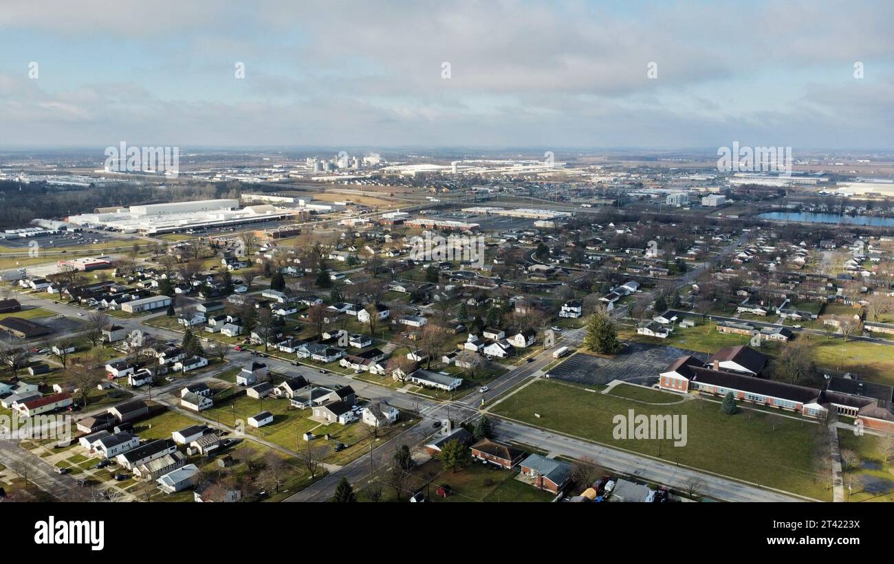 An aerial view of a small rural town with trees on a cloudy day Stock ...