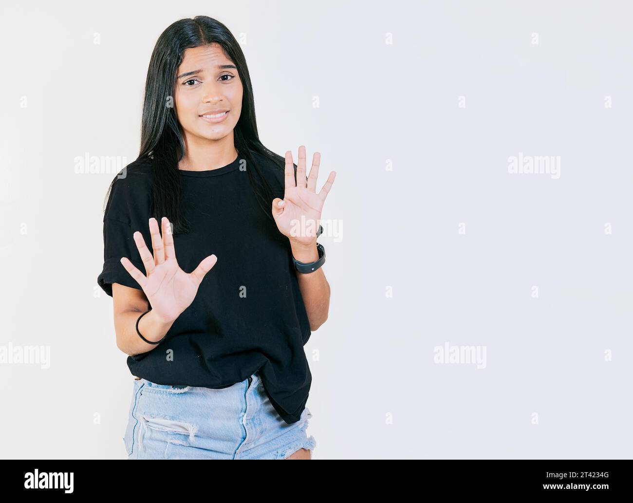 Displeased teenage girl rejecting with palms hands isolated. Disgusted ...