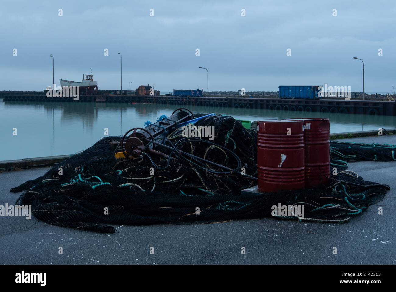 Fishing nets in the harbour of the fishing village Klintholm Havn ...