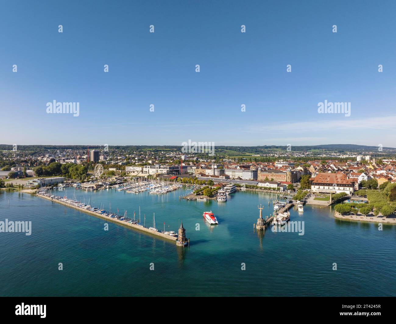 Aerial view of Lake Constance with Constance harbour and the departing ...