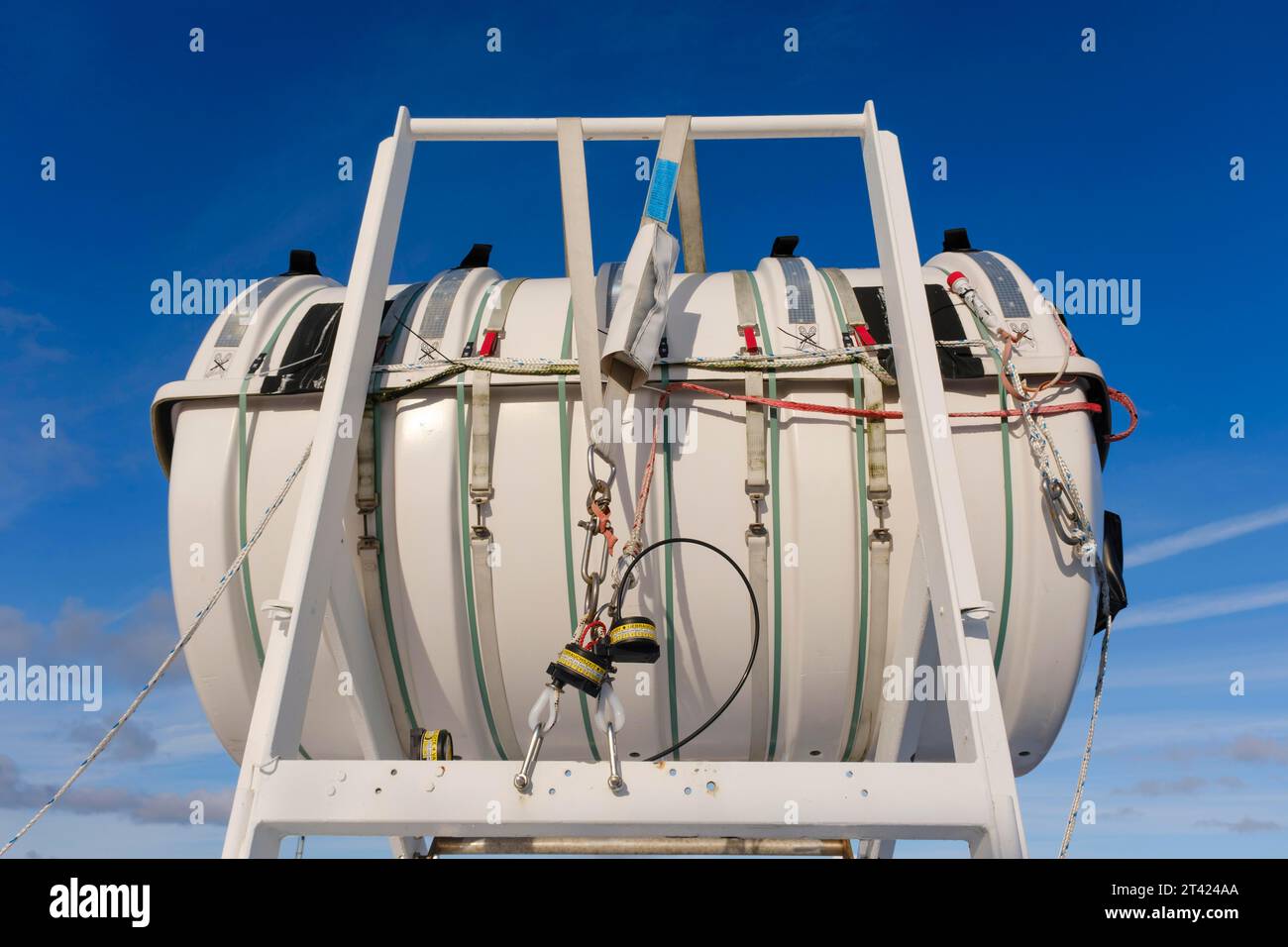Container with life raft on a ship, North Sea, Lower Saxony, Germany ...