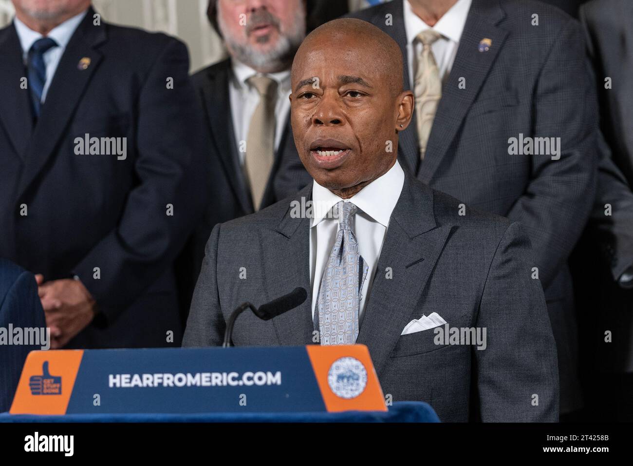 New York, USA. 27th Oct, 2023. Mayor Eric Adams makes announcement ...